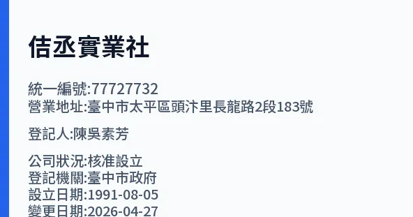 佶丞實業社的照片-統編 77727732(臺中市) 公司登記資料與營業項目詳細圖表
