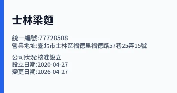士林梁麵的照片-統編 77728508(臺北市) 公司登記資料與營業項目詳細圖表