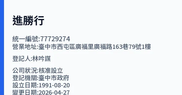 進勝行的照片-統編 77729274(臺中市) 公司登記資料與營業項目詳細圖表
