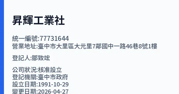 昇輝工業社的照片-統編 77731644(臺中市) 公司登記資料與營業項目詳細圖表