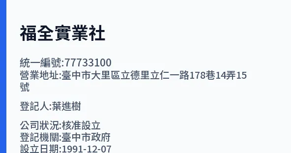 福全實業社的照片-統編 77733100(臺中市) 公司登記資料與營業項目詳細圖表