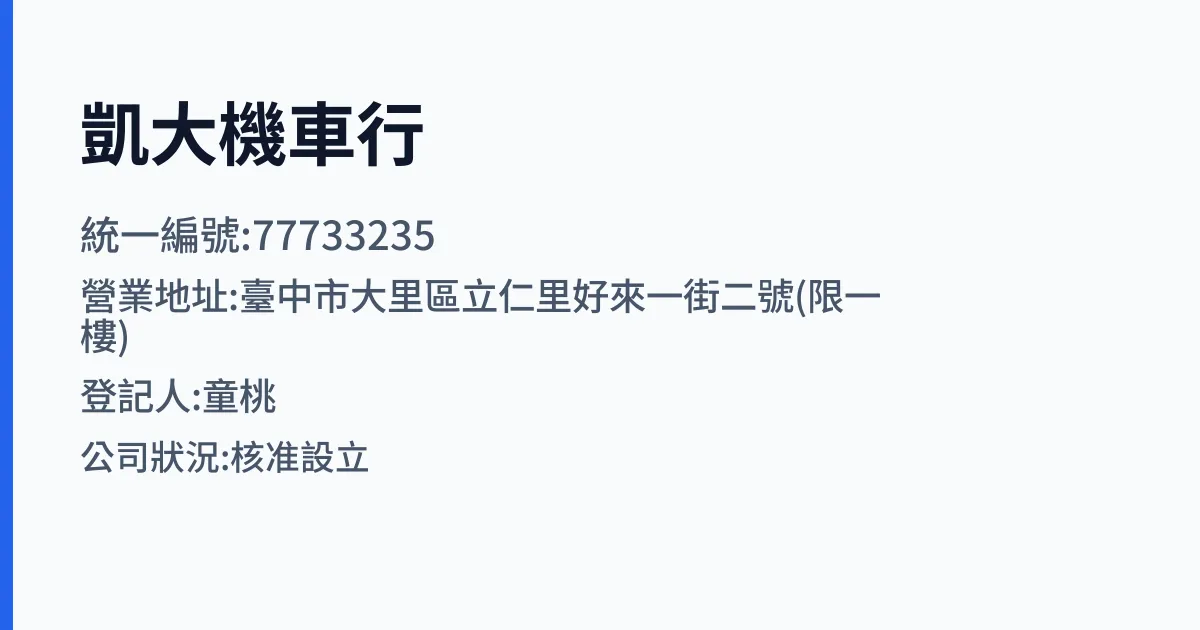 凱大機車行 - 統編 77733235(臺中市) 公司登記資料與營業項目詳細圖表