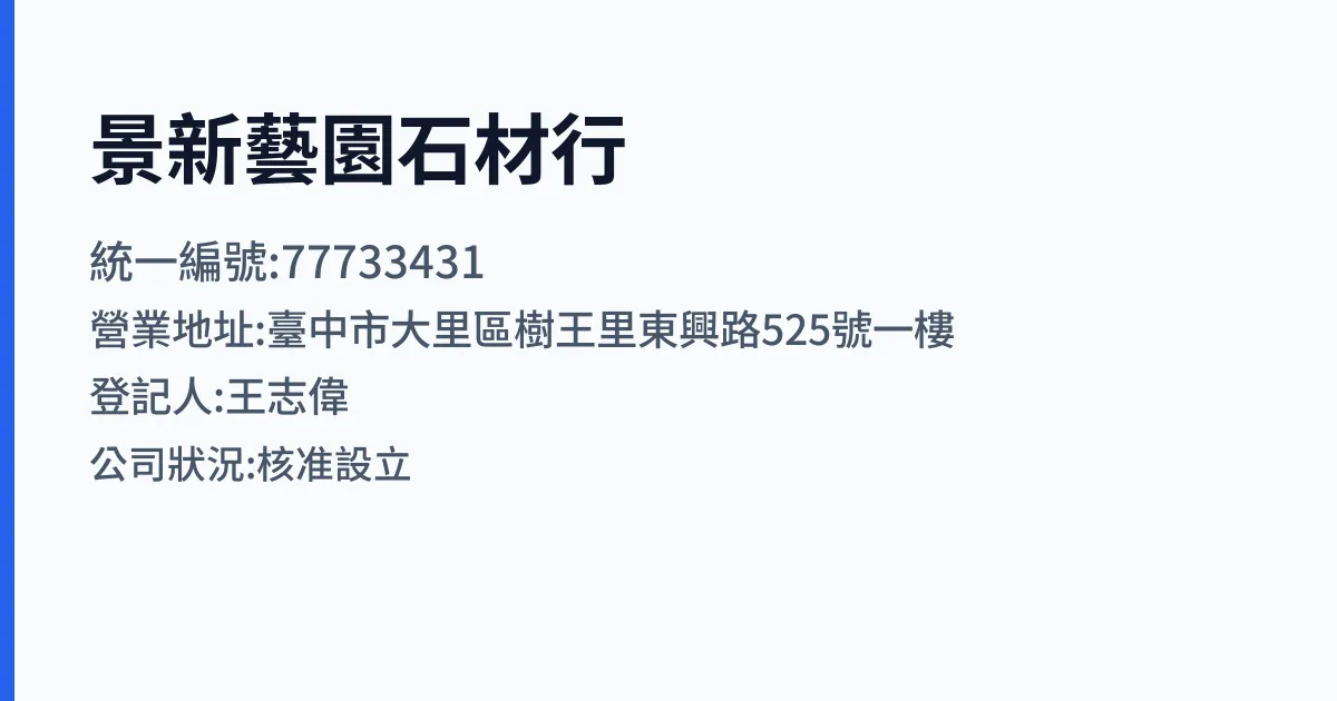 景新藝園石材行 - 統編 77733431(臺中市) 公司登記資料與營業項目詳細圖表