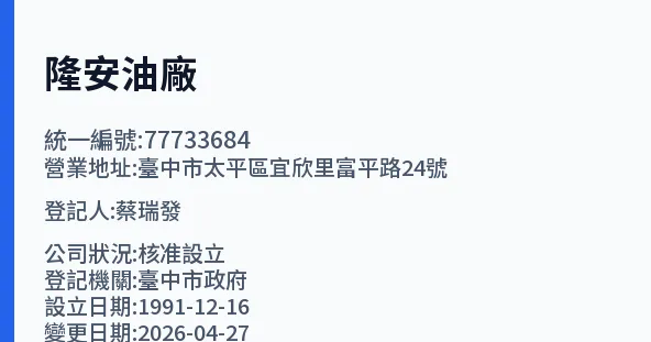 隆安油廠的照片-統編 77733684(臺中市) 公司登記資料與營業項目詳細圖表