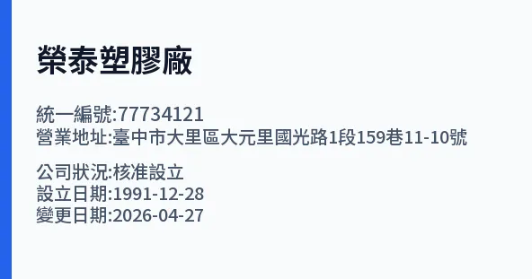 榮泰塑膠廠的照片-統編 77734121(臺中市) 公司登記資料與營業項目詳細圖表