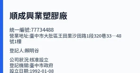 順成興業塑膠廠的照片-統編 77734488(臺中市) 公司登記資料與營業項目詳細圖表