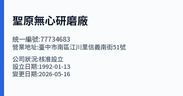聖原無心研磨廠的照片-統編 77734683(臺中市) 公司登記資料與營業項目詳細圖表