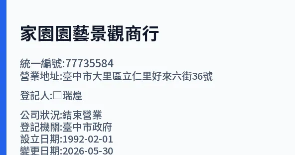 家園園藝景觀商行的照片-統編 77735584(臺中市) 公司登記資料與營業項目詳細圖表