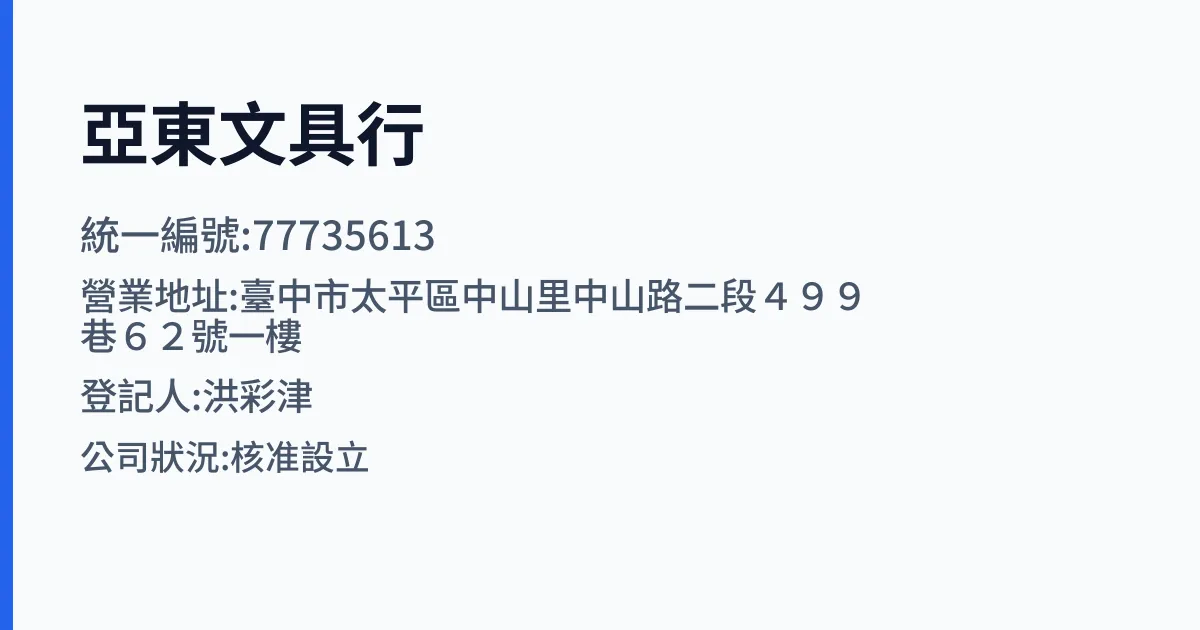 亞東文具行 - 統編 77735613(臺中市) 公司登記資料與營業項目詳細圖表