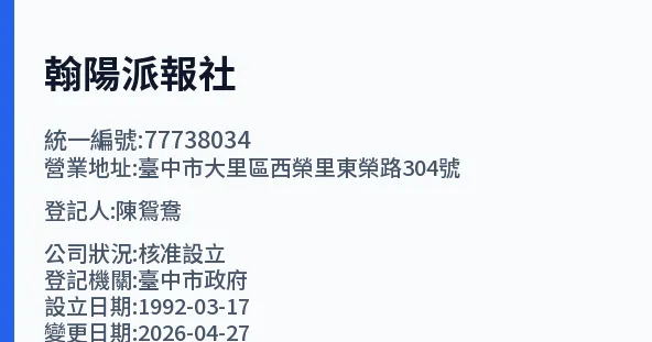 翰陽派報社的照片-統編 77738034(臺中市) 公司登記資料與營業項目詳細圖表