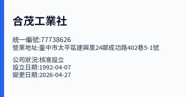 合茂工業社的照片-統編 77738626(臺中市) 公司登記資料與營業項目詳細圖表