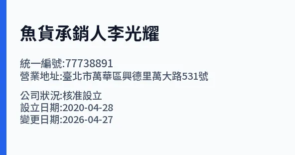 魚貨承銷人李光耀的照片-統編 77738891(臺北市) 公司登記資料與營業項目詳細圖表