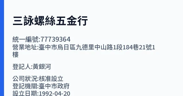 三詠螺絲五金行的照片-統編 77739364(臺中市) 公司登記資料與營業項目詳細圖表