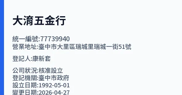 大淯五金行的照片-統編 77739940(臺中市) 公司登記資料與營業項目詳細圖表