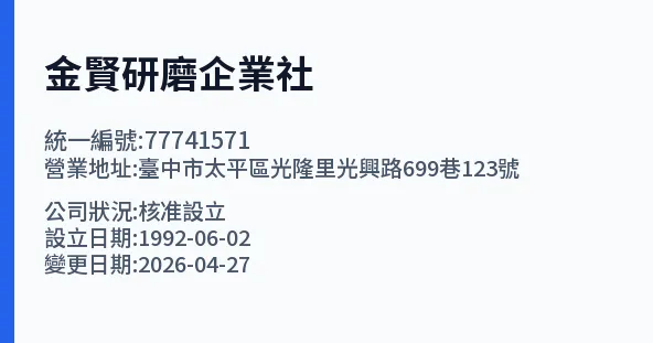 金賢研磨企業社的照片-統編 77741571(臺中市) 公司登記資料與營業項目詳細圖表