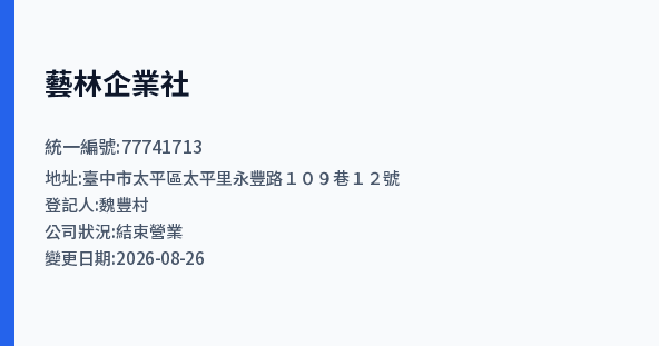 藝林企業社的照片-統編 77741713(臺中市) 公司登記資料與營業項目詳細圖表