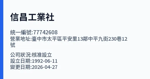 信昌工業社的照片-統編 77742608(臺中市) 公司登記資料與營業項目詳細圖表