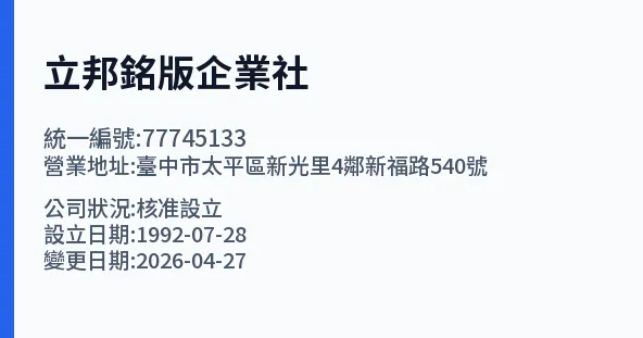 立邦銘版企業社的照片-統編 77745133(臺中市) 公司登記資料與營業項目詳細圖表