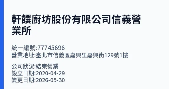 軒饌廚坊股份有限公司信義營業所的照片-統編 77745696(臺北市) 公司登記資料與營業項目詳細圖表