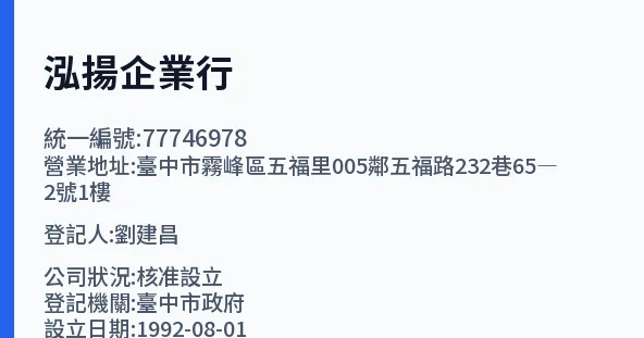 泓揚企業行的照片-統編 77746978(臺中市) 公司登記資料與營業項目詳細圖表