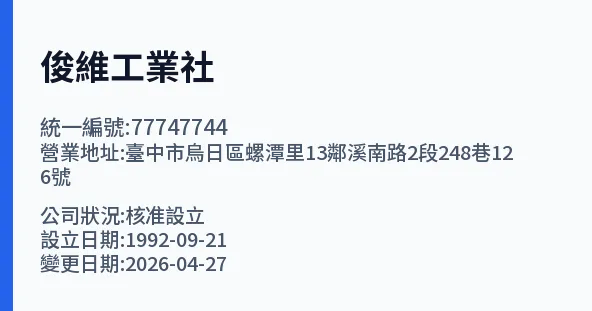 俊維工業社的照片-統編 77747744(臺中市) 公司登記資料與營業項目詳細圖表