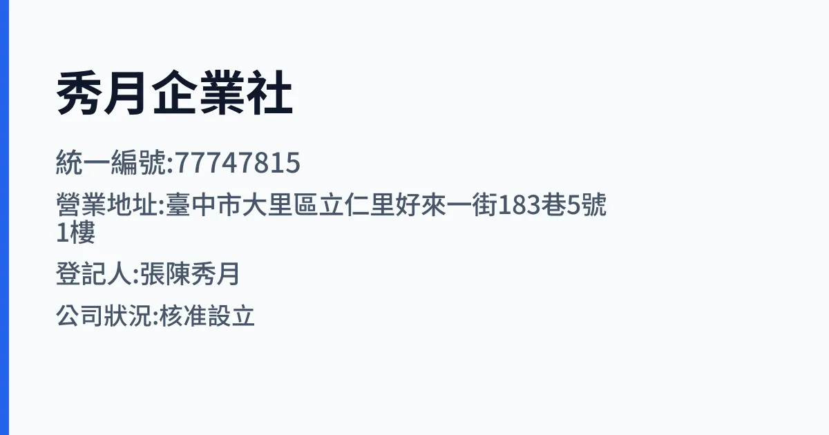 秀月企業社 - 統編 77747815(臺中市) 公司登記資料與營業項目詳細圖表