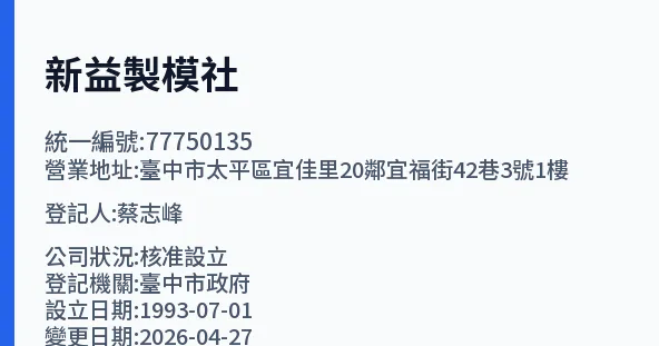 新益製模社的照片-統編 77750135(臺中市) 公司登記資料與營業項目詳細圖表