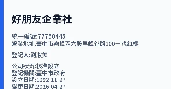 好朋友企業社的照片-統編 77750445(臺中市) 公司登記資料與營業項目詳細圖表