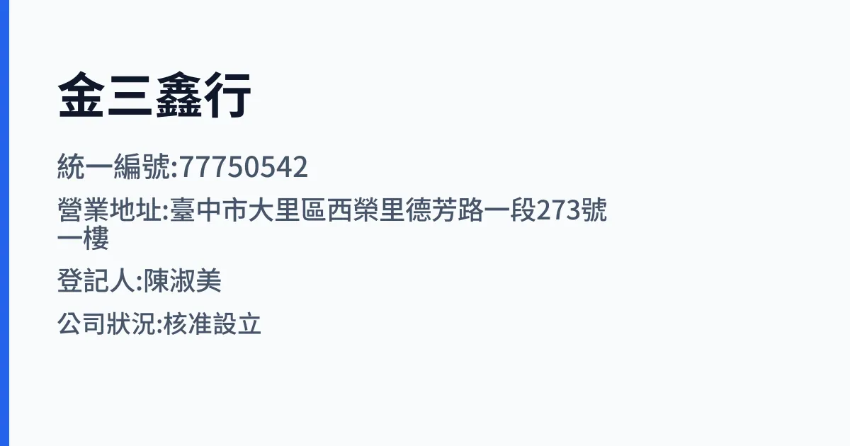 金三鑫行 - 統編 77750542(臺中市) 公司登記資料與營業項目詳細圖表