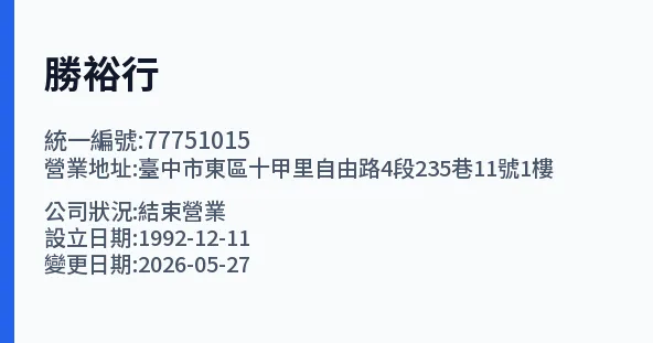 勝裕行的照片-統編 77751015(臺中市) 公司登記資料與營業項目詳細圖表