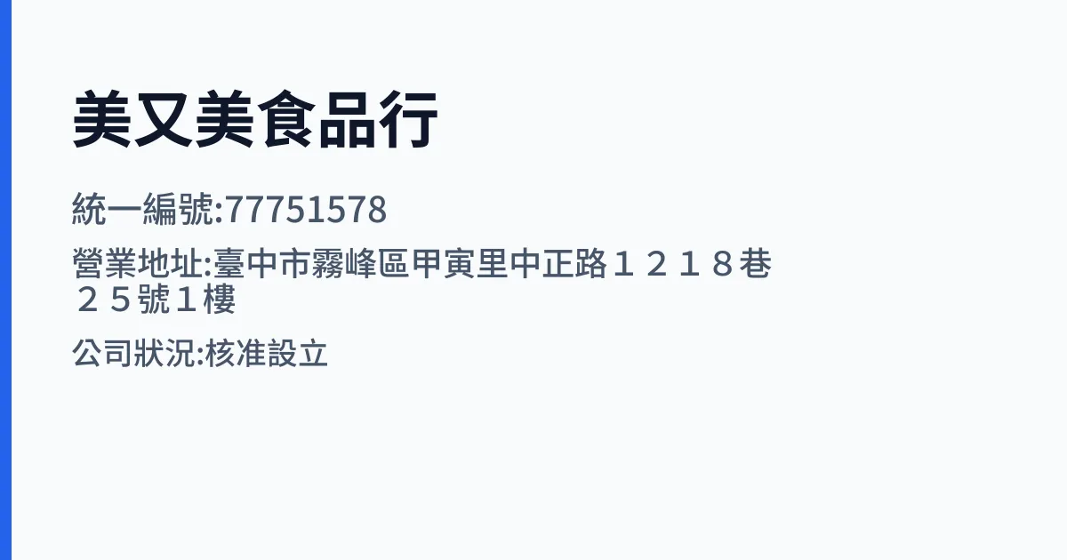 美又美食品行 - 統編 77751578(臺中市) 公司登記資料與營業項目詳細圖表