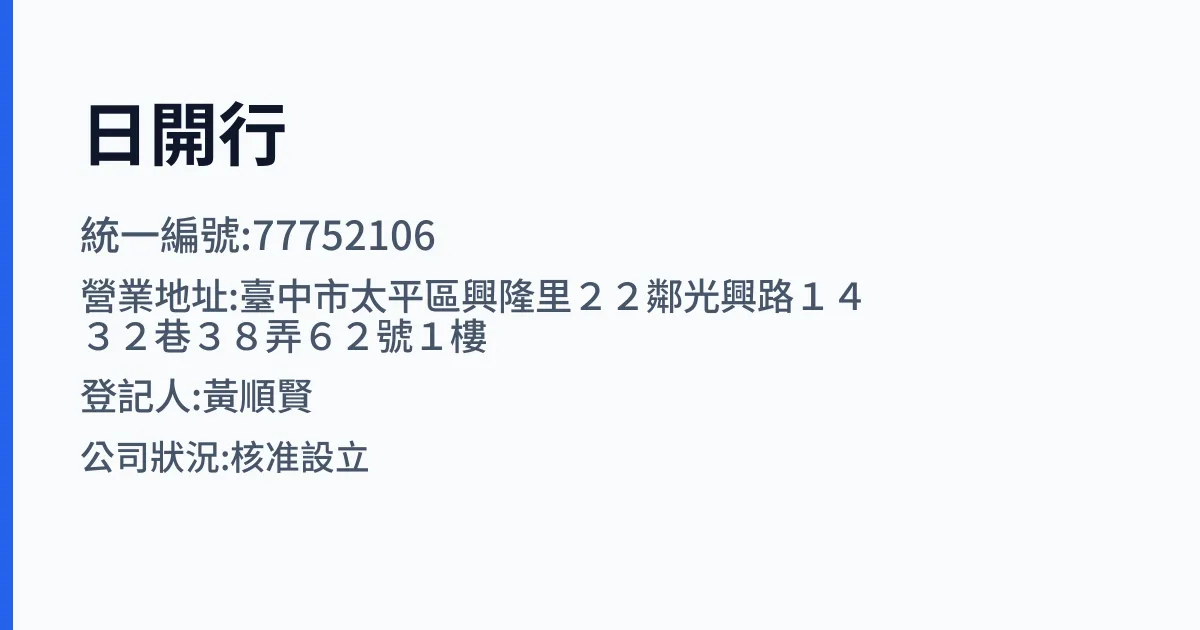 日開行 - 統編 77752106(臺中市) 公司登記資料與營業項目詳細圖表