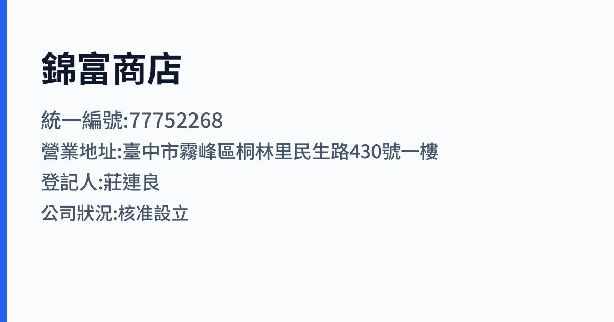 錦富商店 - 統編 77752268（臺中市） 公司登記資料與營業項目詳細圖表