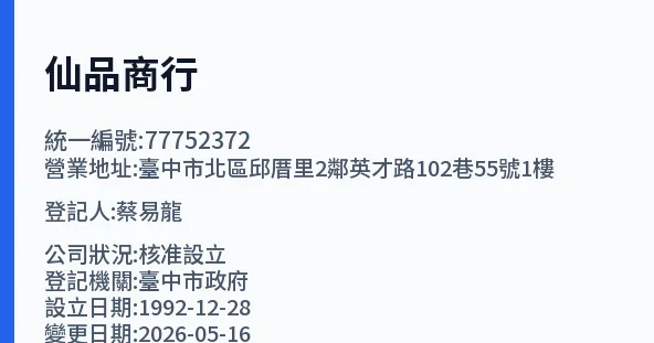 仙品商行的照片-統編 77752372(臺中市) 公司登記資料與營業項目詳細圖表