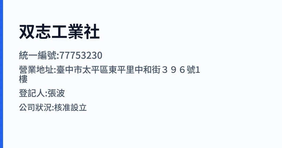 双志工業社 - 統編 77753230(臺中市) 公司登記資料與營業項目詳細圖表