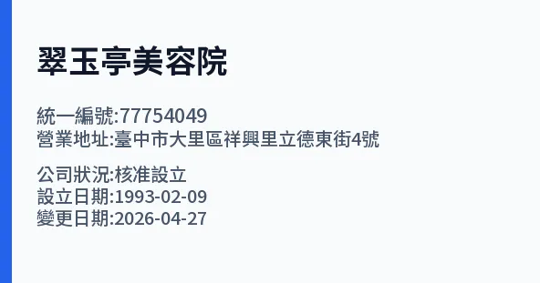 翠玉亭美容院的照片-統編 77754049(臺中市) 公司登記資料與營業項目詳細圖表