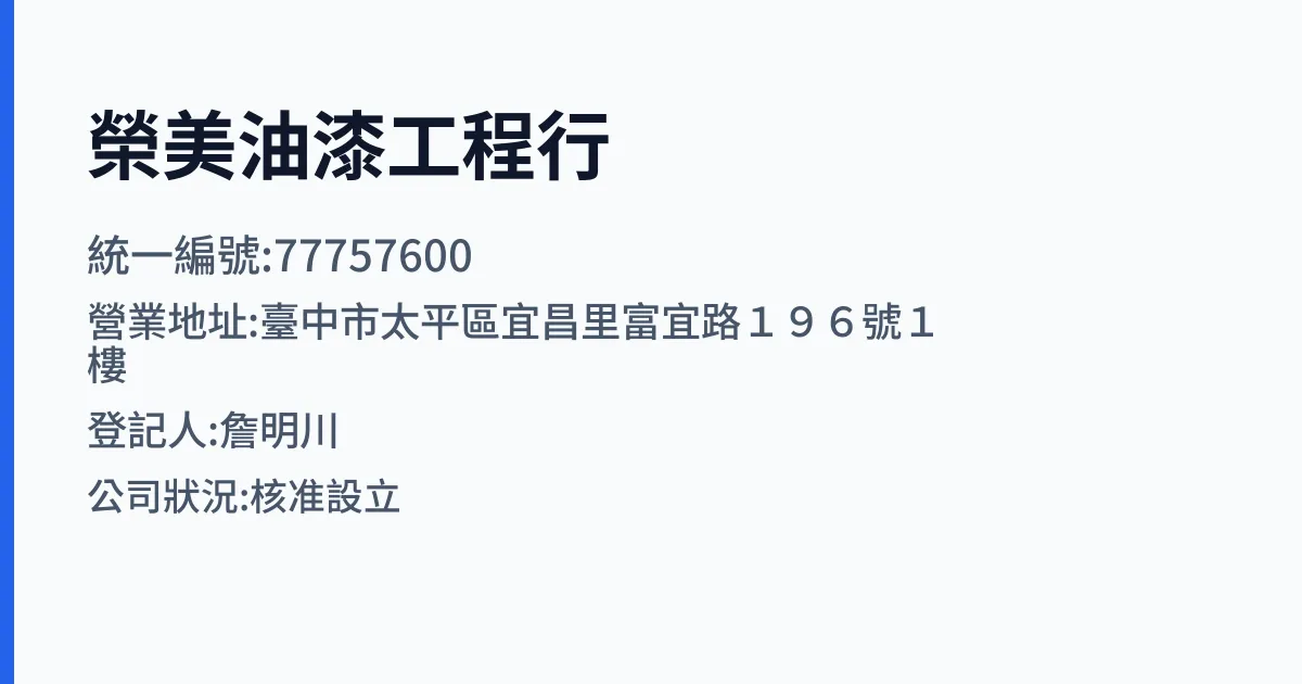 榮美油漆工程行 - 統編 77757600(臺中市) 公司登記資料與營業項目詳細圖表