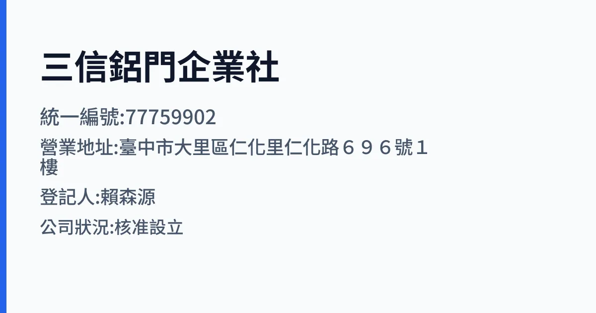 三信鋁門企業社 - 統編 77759902(臺中市) 公司登記資料與營業項目詳細圖表