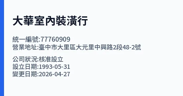 大華室內裝潢行的照片-統編 77760909(臺中市) 公司登記資料與營業項目詳細圖表