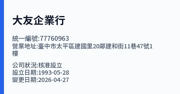 大友企業行的照片-統編 77760963(臺中市) 公司登記資料與營業項目詳細圖表