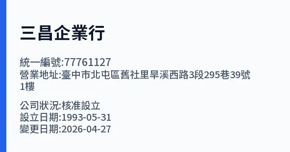 三昌企業行的照片-統編 77761127(臺中市) 公司登記資料與營業項目詳細圖表