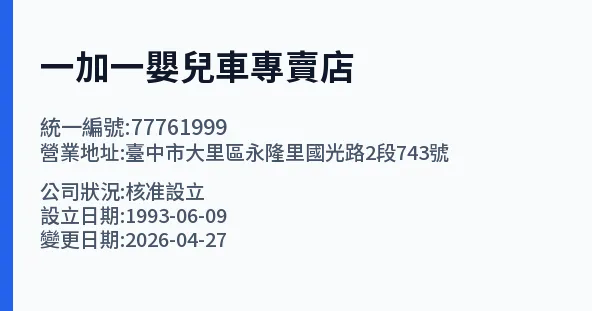 一加一嬰兒車專賣店的照片-統編 77761999(臺中市) 公司登記資料與營業項目詳細圖表