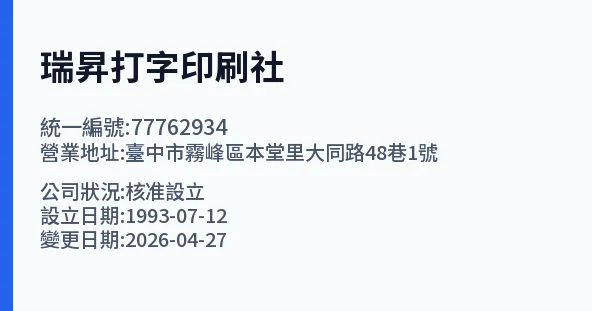 瑞昇打字印刷社的照片-統編 77762934(臺中市) 公司登記資料與營業項目詳細圖表