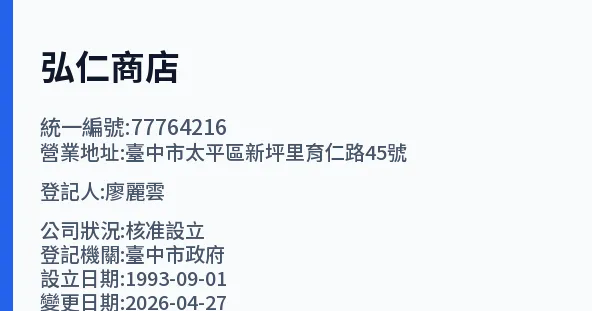 弘仁商店的照片-統編 77764216(臺中市) 公司登記資料與營業項目詳細圖表