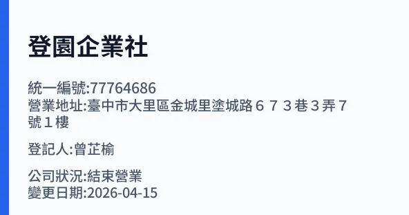 登園企業社的照片-統編 77764686(臺中市) 公司登記資料與營業項目詳細圖表