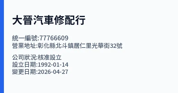 大晉汽車修配行的照片-統編 77766609(彰化縣) 公司登記資料與營業項目詳細圖表