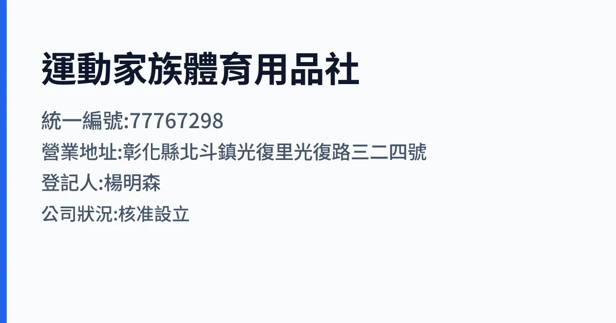 運動家族體育用品社 - 統編 77767298(彰化縣) 公司登記資料與營業項目詳細圖表
