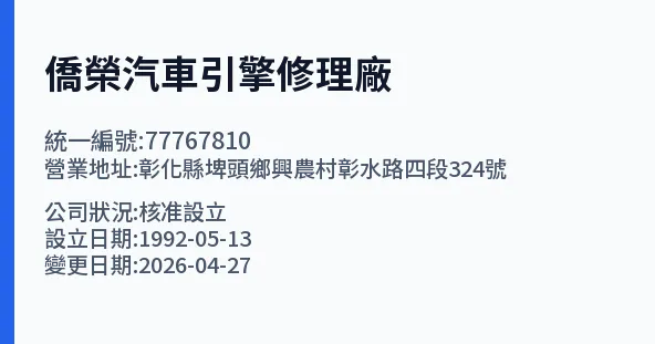 僑榮汽車引擎修理廠的照片-統編 77767810(彰化縣) 公司登記資料與營業項目詳細圖表