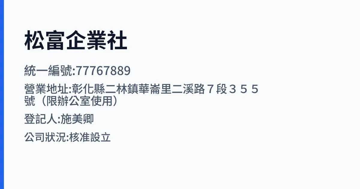 松富企業社 - 統編 77767889(彰化縣) 公司登記資料與營業項目詳細圖表