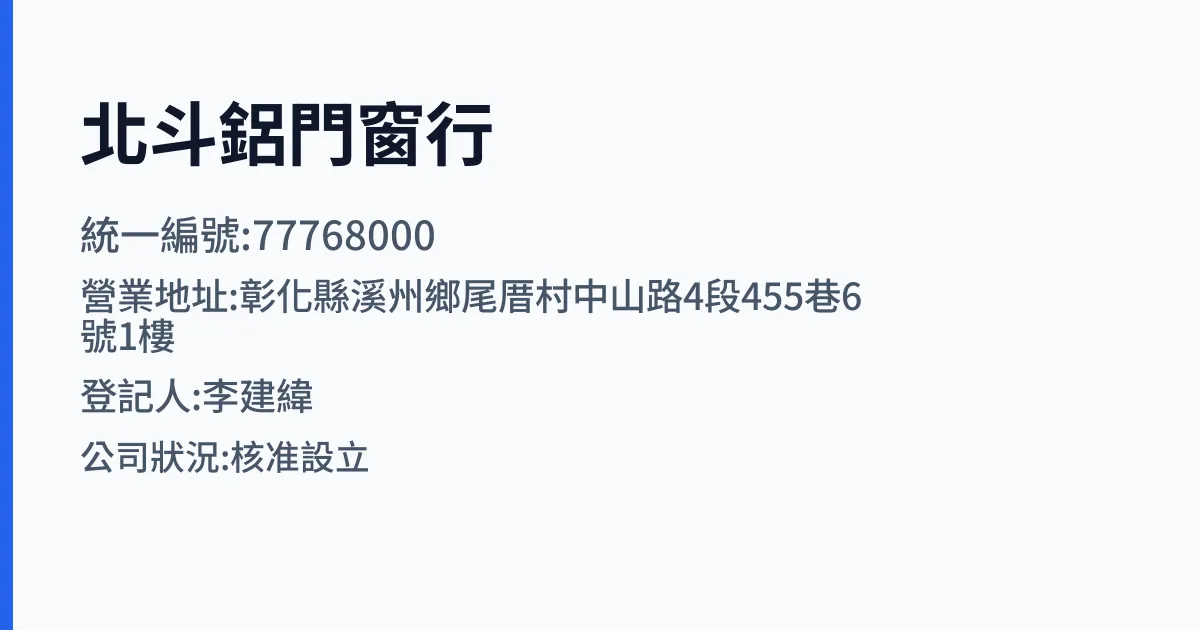 北斗鋁門窗行 - 統編 77768000(彰化縣) 公司登記資料與營業項目詳細圖表